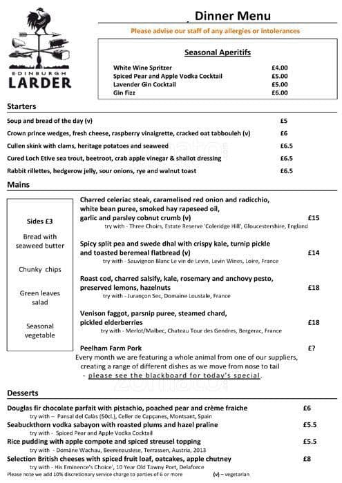 Menu at The Edinburgh Larder cafe, Edinburgh