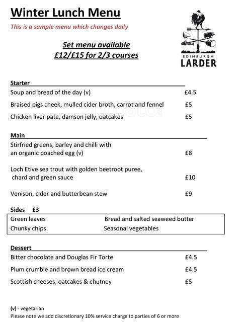 Menu at The Edinburgh Larder cafe, Edinburgh