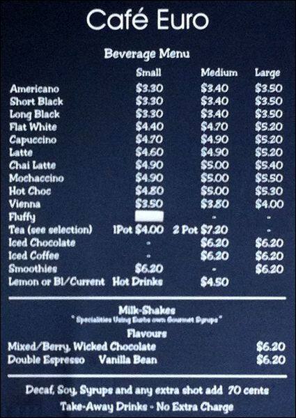 Menu at Cafe Euro by L.S.O, Christchurch