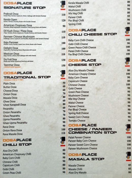 Menu at Dosa Factory, Hyderabad