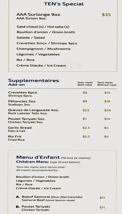 Menu at Ten Restaurant, Montreal