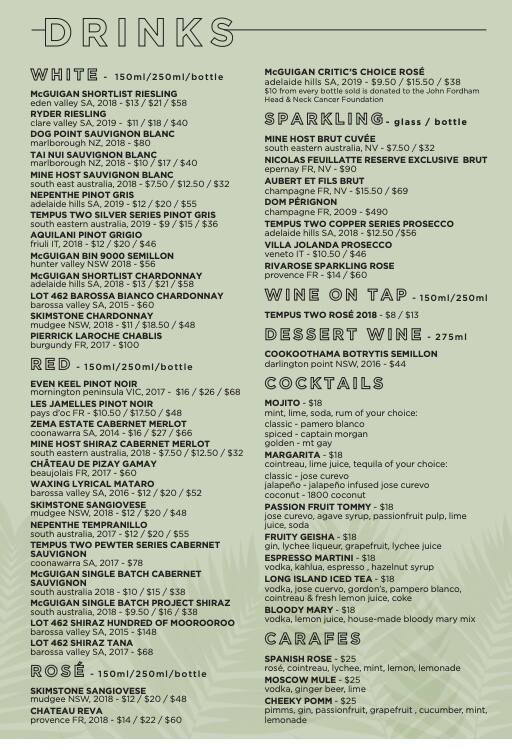 Menu at Commodore Hotel pub & bar, North Sydney