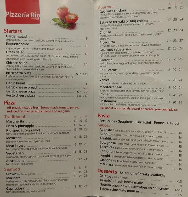 Menu at Pizzeria Rio, Kirribilli, 12 Fitzroy St