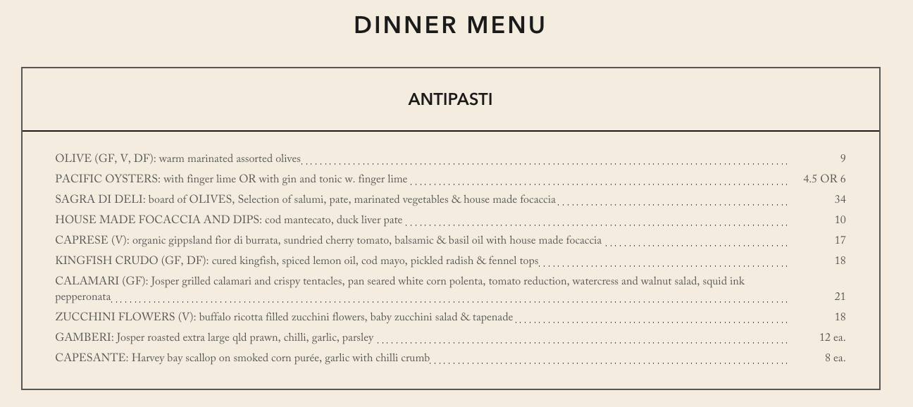 Menu at Sagra restaurant, Malvern