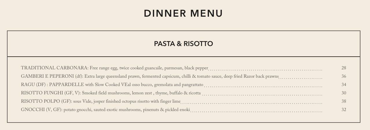 Menu at Sagra restaurant, Malvern