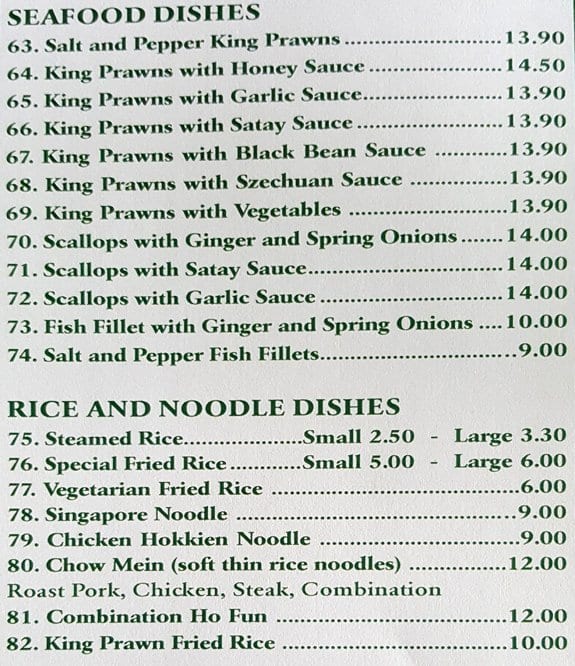 Menu at Fu Lin restaurant, Goodwood