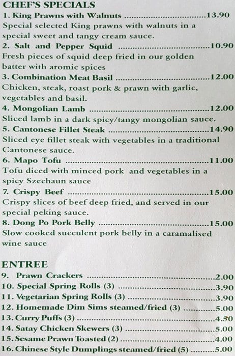 Menu at Fu Lin restaurant, Goodwood