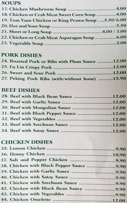 Menu at Fu Lin restaurant, Goodwood