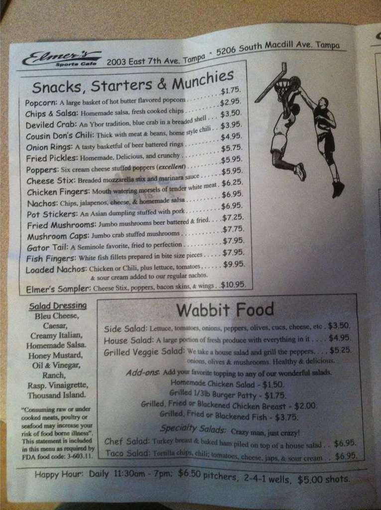 Menu at Elmer's Sports Cafe, Tampa