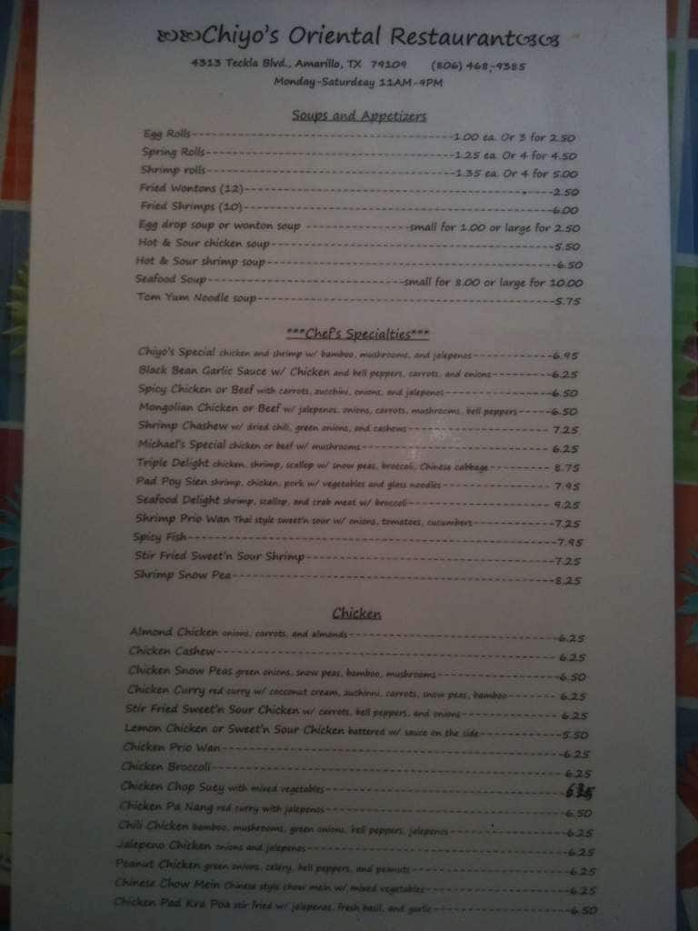 Menu at Chiyo's restaurant, Amarillo, Teckla Blvd