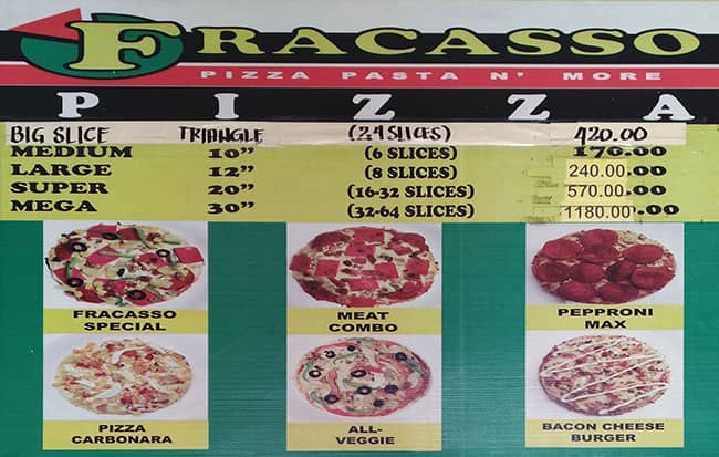 Menu of Fracasso, San Juan, Taytay