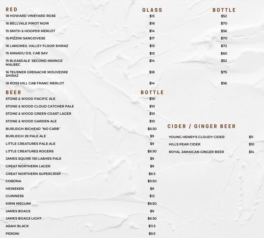Menu at Six Acres Restaurant, Brisbane City