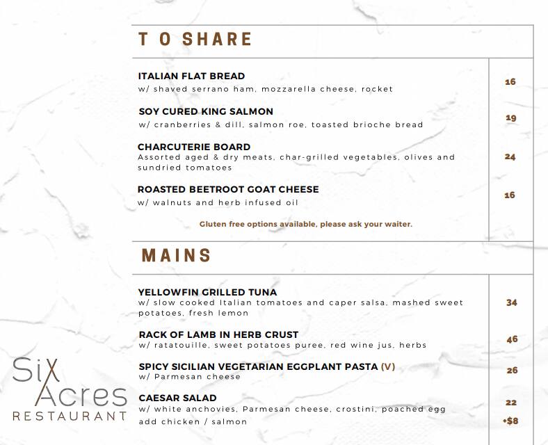 Menu at Six Acres Restaurant, Brisbane City