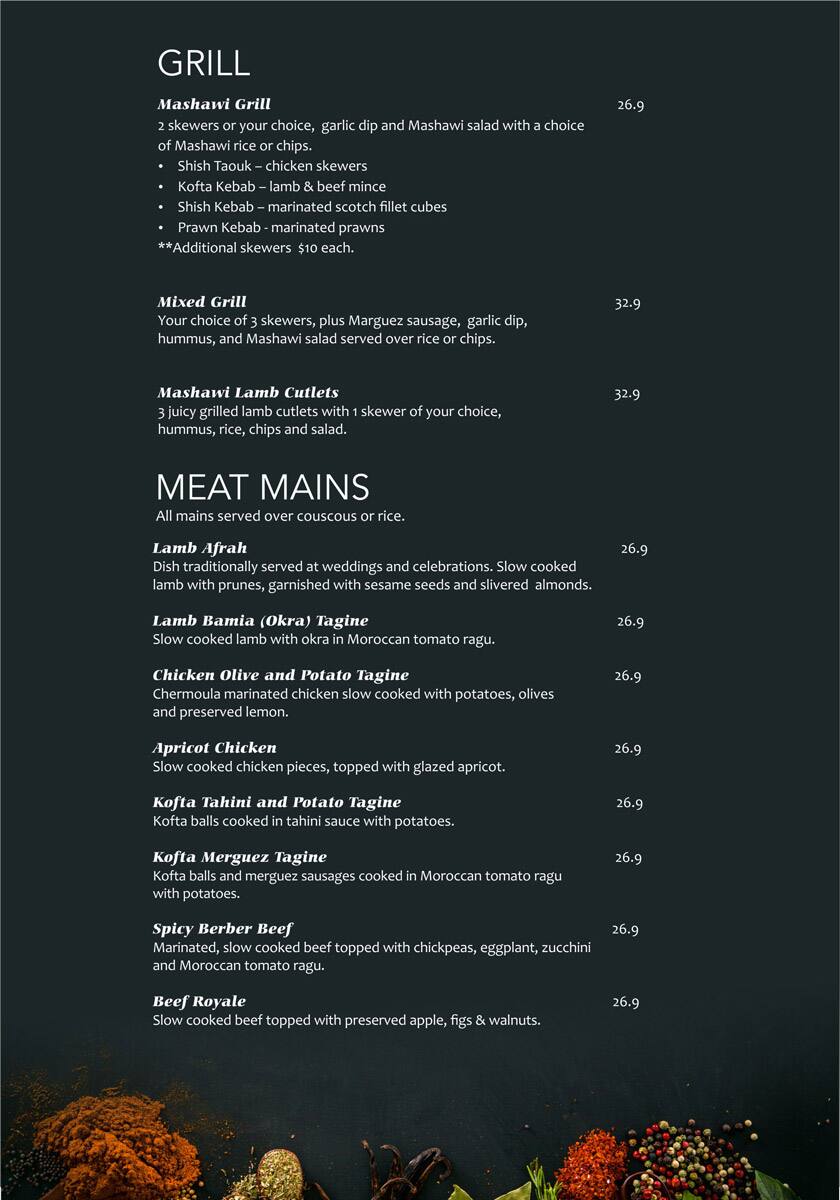 Menu at Mashawi Moroccan & Middle Eastern cafe, Mount Lawley