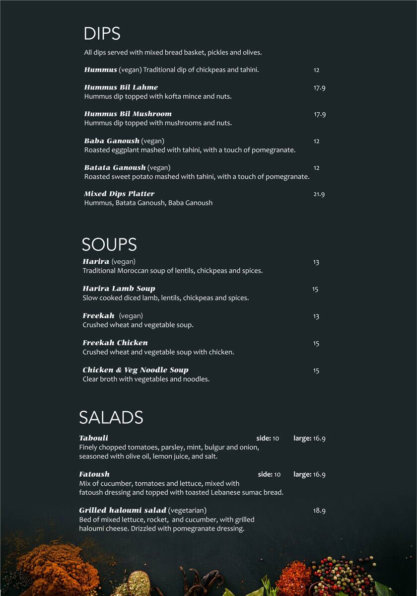 Menu at Mashawi Moroccan & Middle Eastern cafe, Mount Lawley