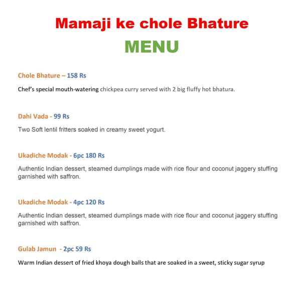 Menu of Mamaji Ke Chole Bhature, Pimple Nilakh, Pune