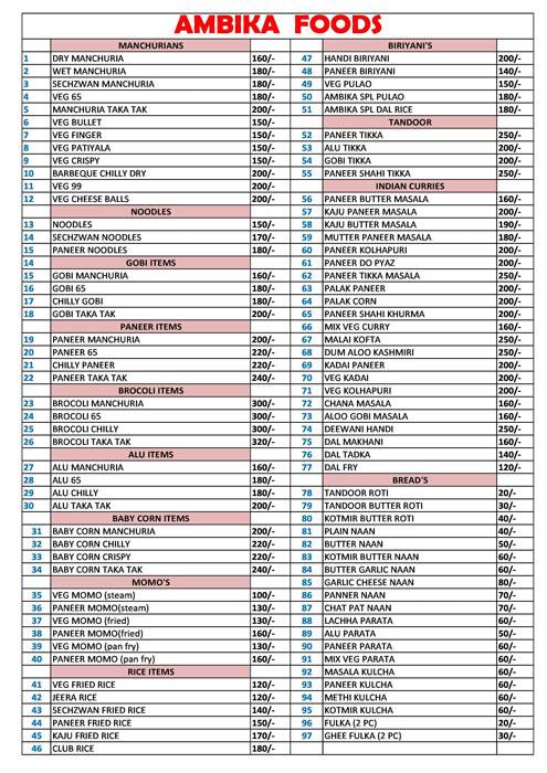 Menu of Ambika Foods, Attapur, Hyderabad