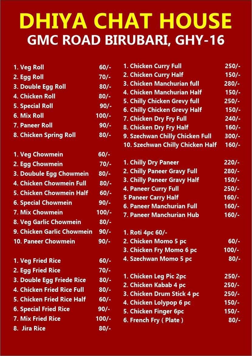 Menu of Dhiya Chat House, Kala Pahar, Guwahati