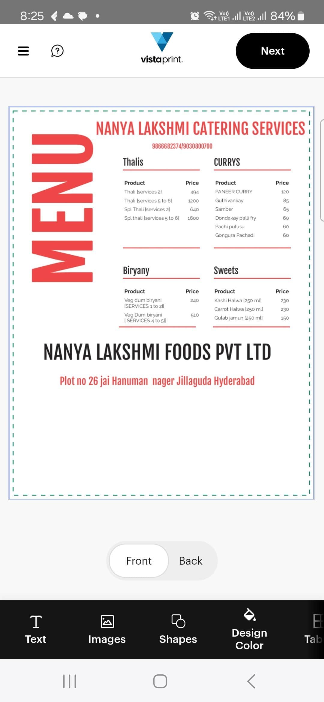 Menu of Nanya Lakshmi Catering Services, Saroor Nagar, Hyderabad