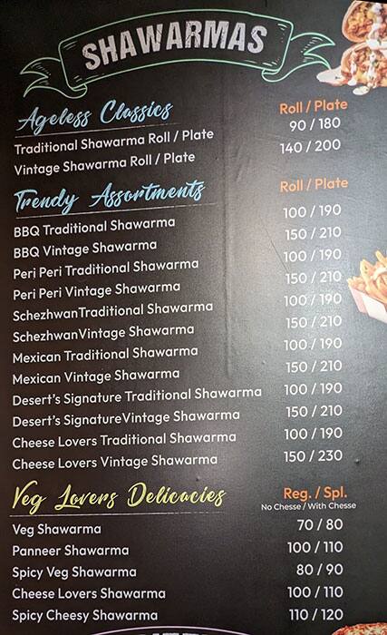 Menu of H's Shawarma Cafe, Bommanahalli, Bangalore