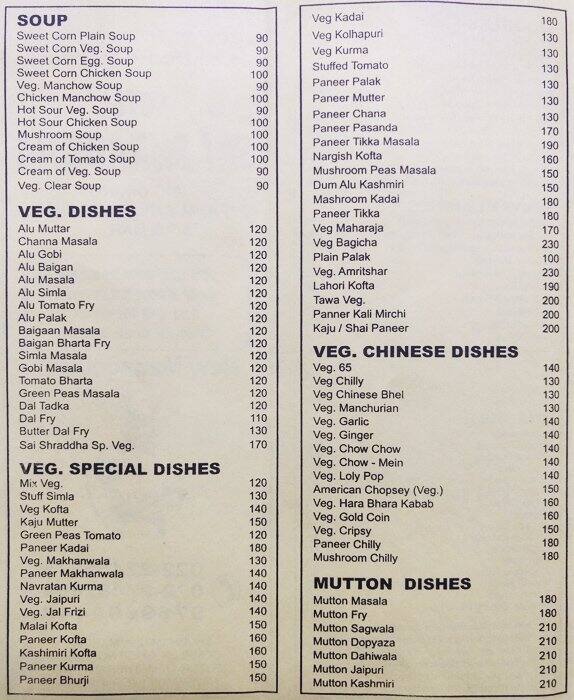 Hotel Sai Shraddha Menu, Menu for Hotel Sai Shraddha, New Panvel, Navi ...