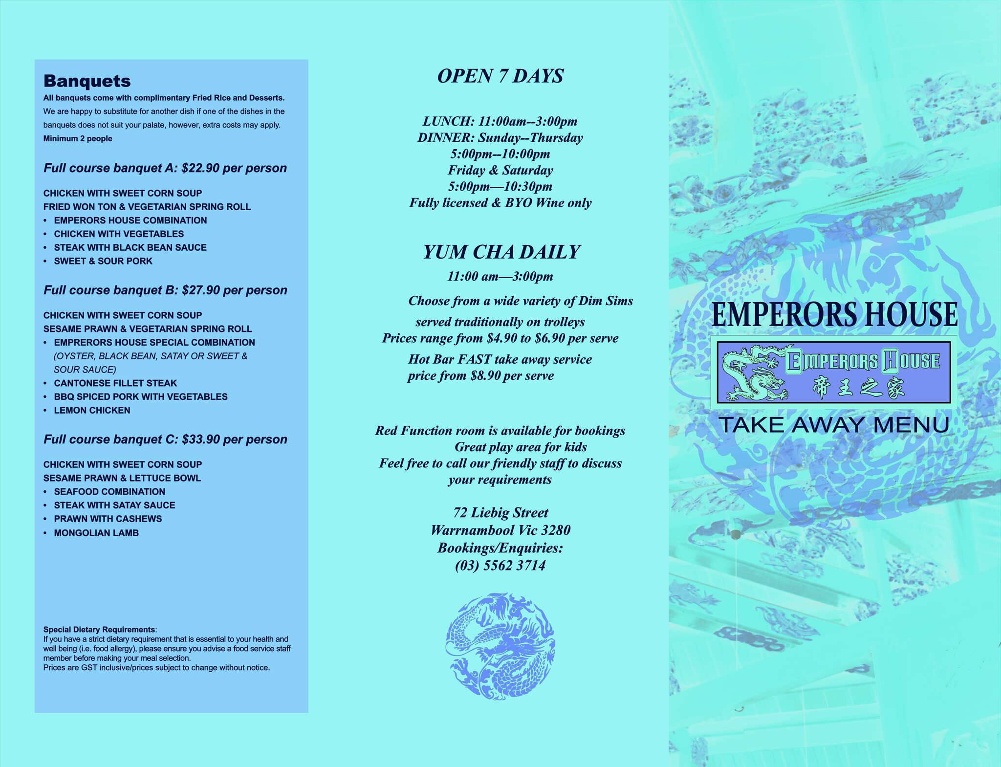 Menu at Emperors House restaurant, Warrnambool