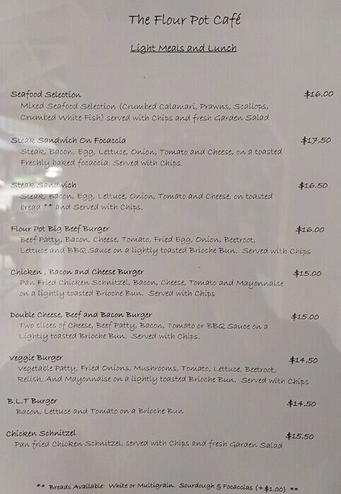 Menu at Flour Pot Cafe, Bacchus Marsh