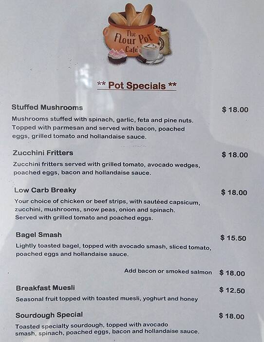 Menu at Flour Pot Cafe, Bacchus Marsh