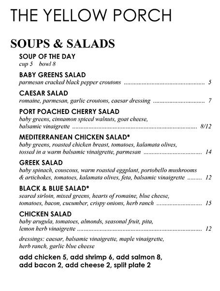 Menu at The Yellow Porch Restaurant, Nashville