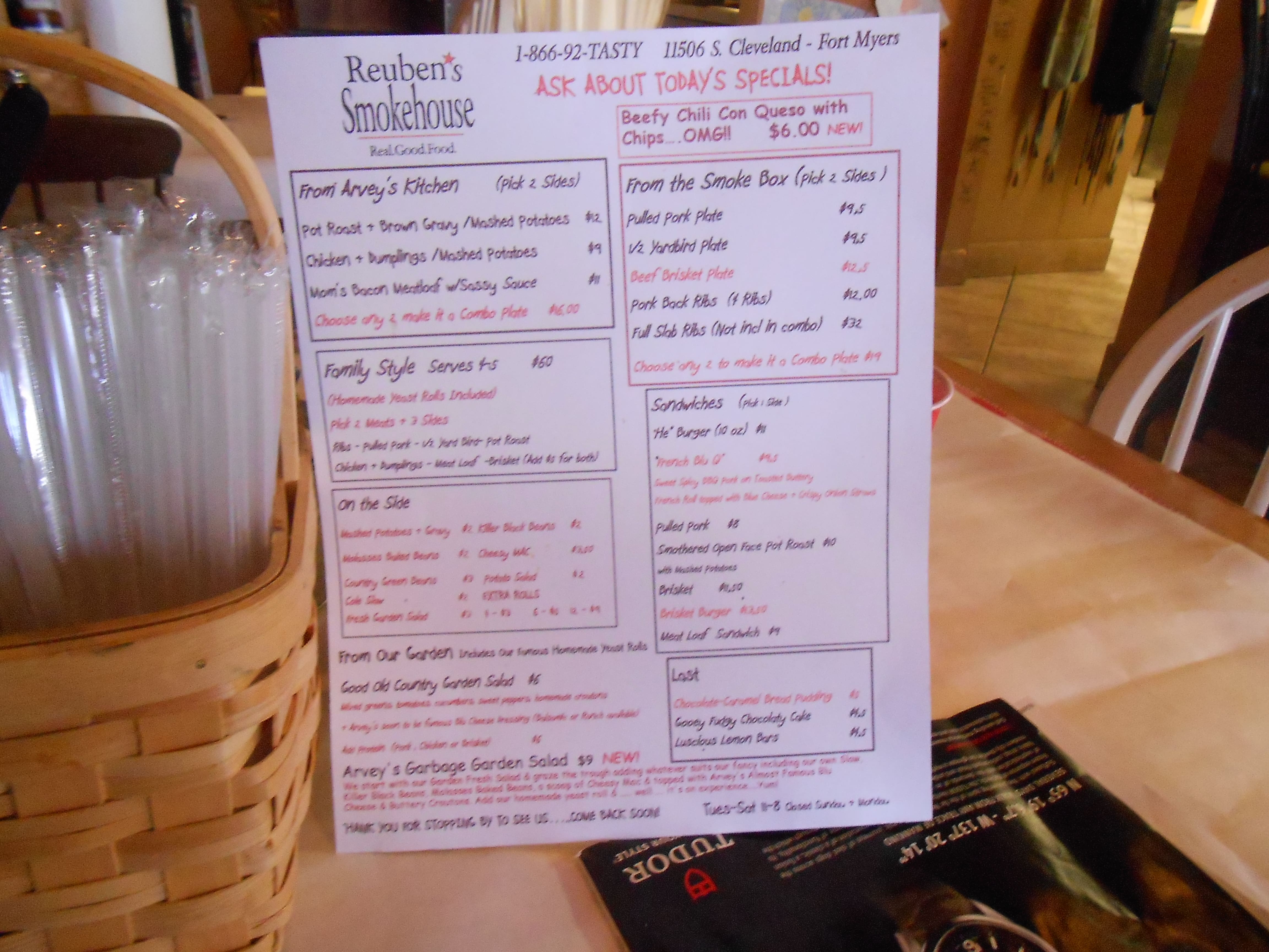 Menu at Reuben's Smokehouse BBQ, Fort Myers