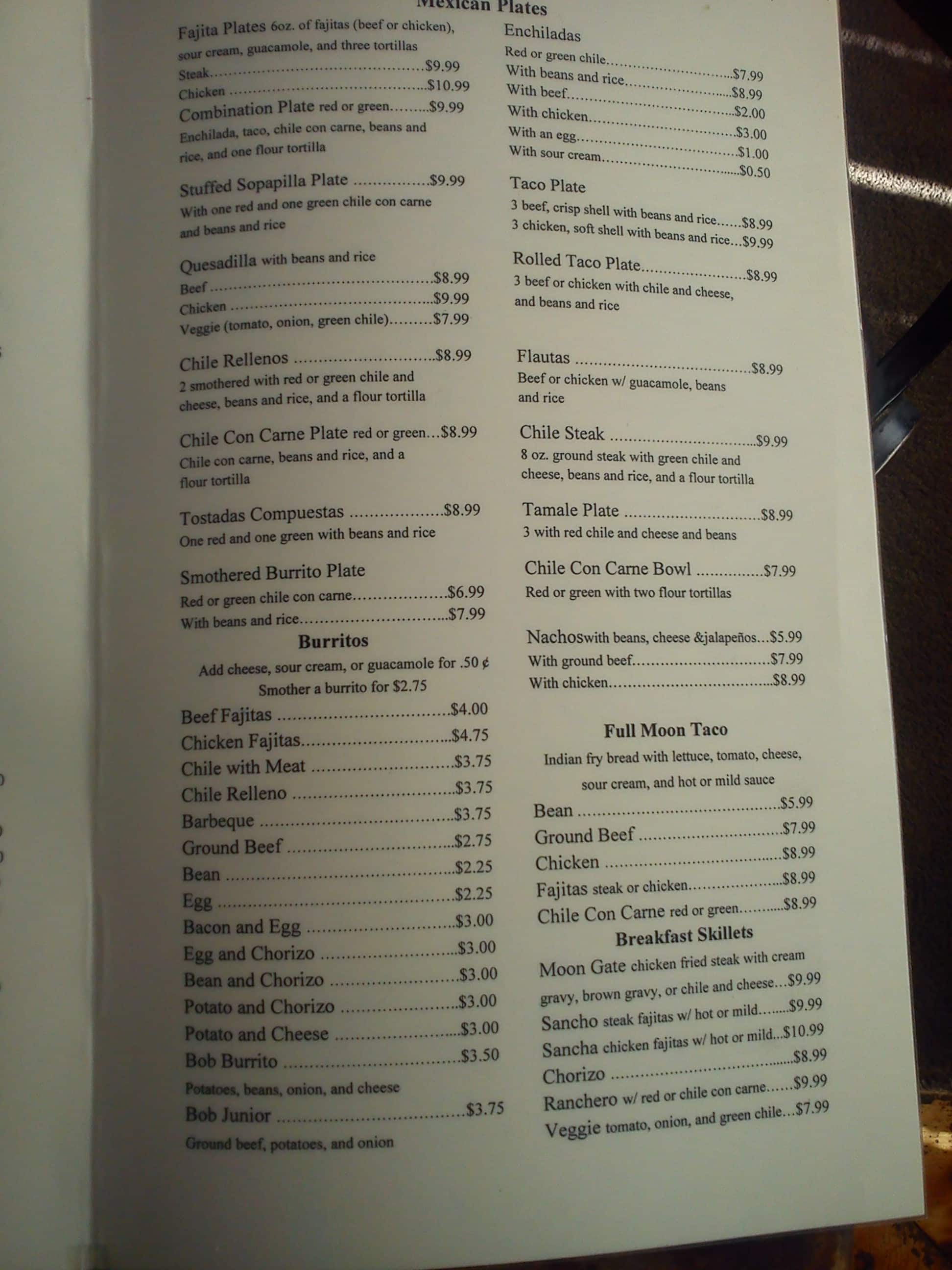 Menu at Moongate Cafe, Las Cruces, Bataan Memorial