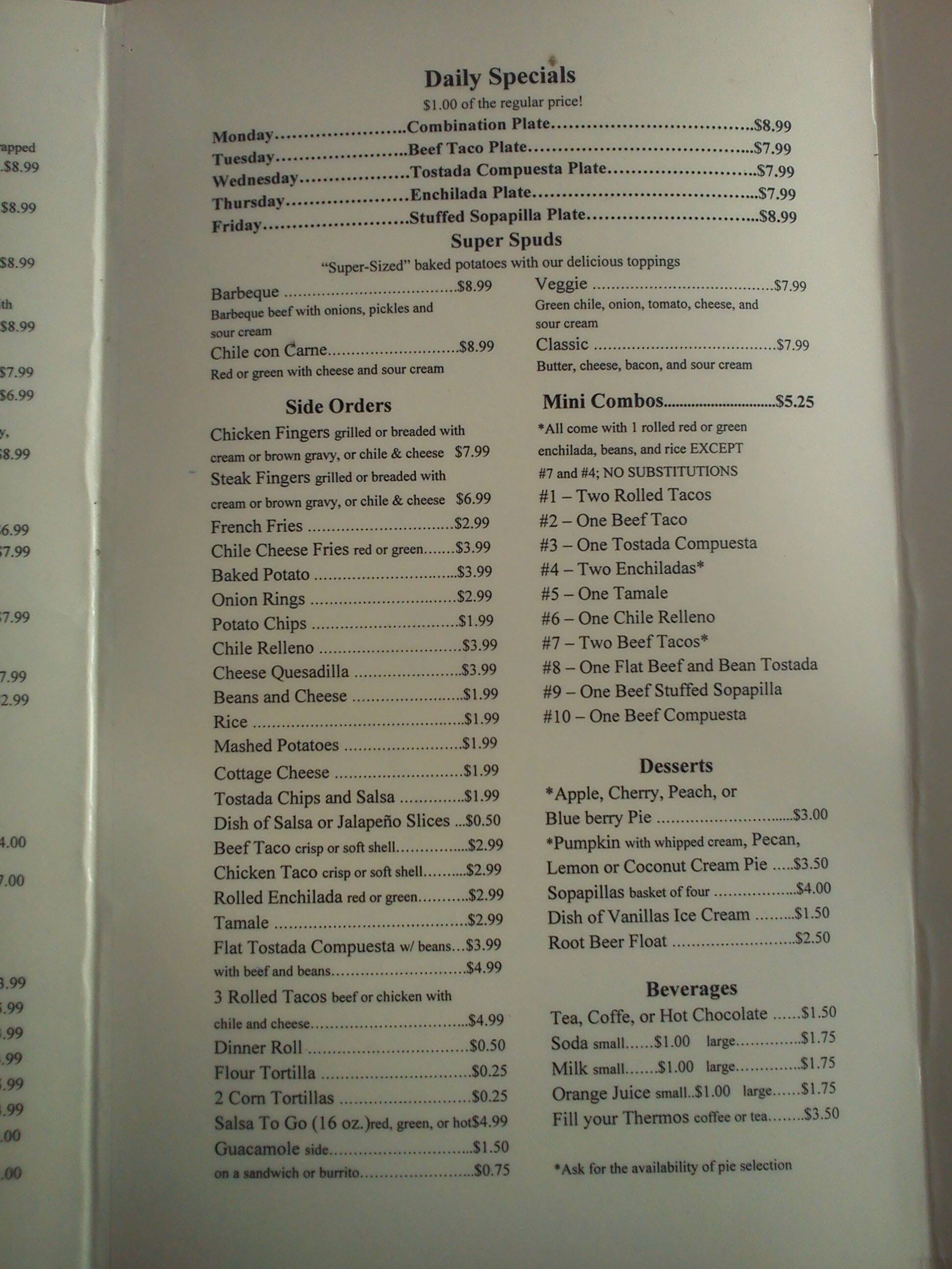 Menu at Moongate Cafe, Las Cruces, Bataan Memorial