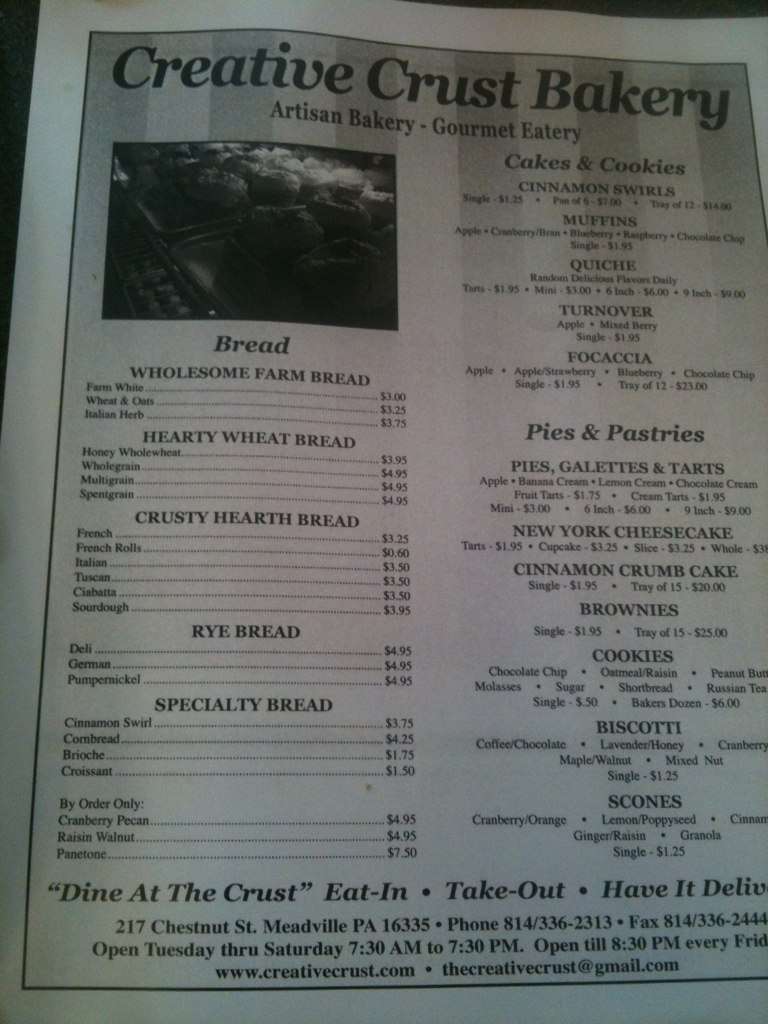 Menu at Creative Crust Bakery & Coffee Shop, Meadville