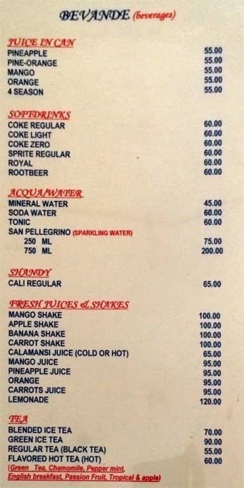 Menu at La Tegola Busay restaurant, Cebu City, Cebu Transcentral Hwy