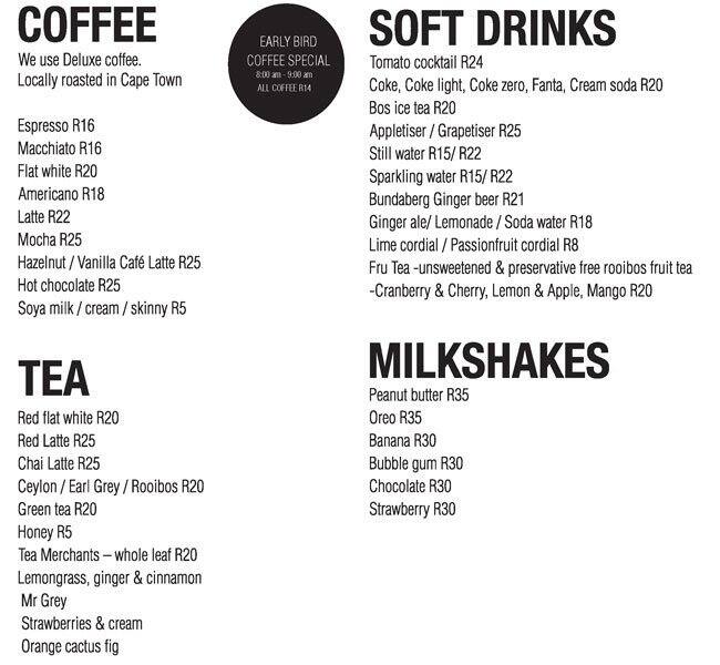 Menu at Oskars Village cafe, Cape Town