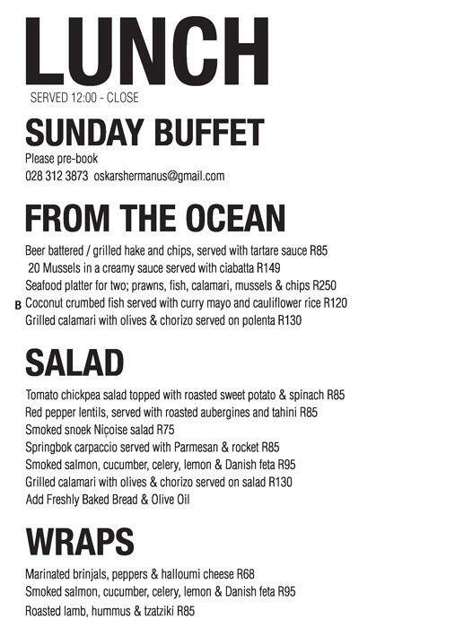 Speisekarte von Oskars Village cafe, Hermanus