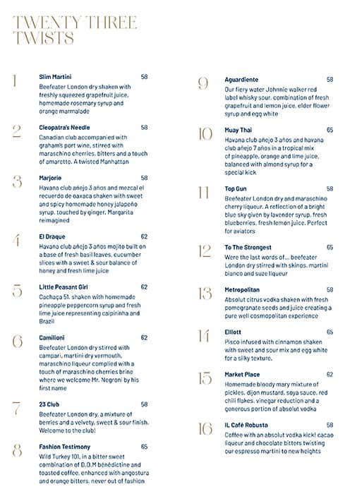 Menu at Twenty Three restaurant, Dubai, Al Falak St - opposite ...