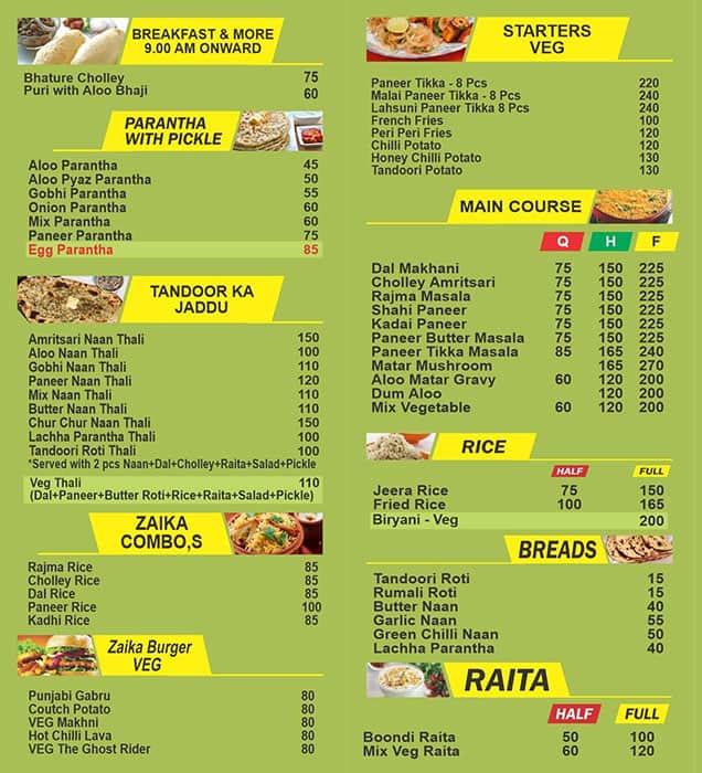 Menu of Zaika Punjabi, Kirti Nagar, New Delhi