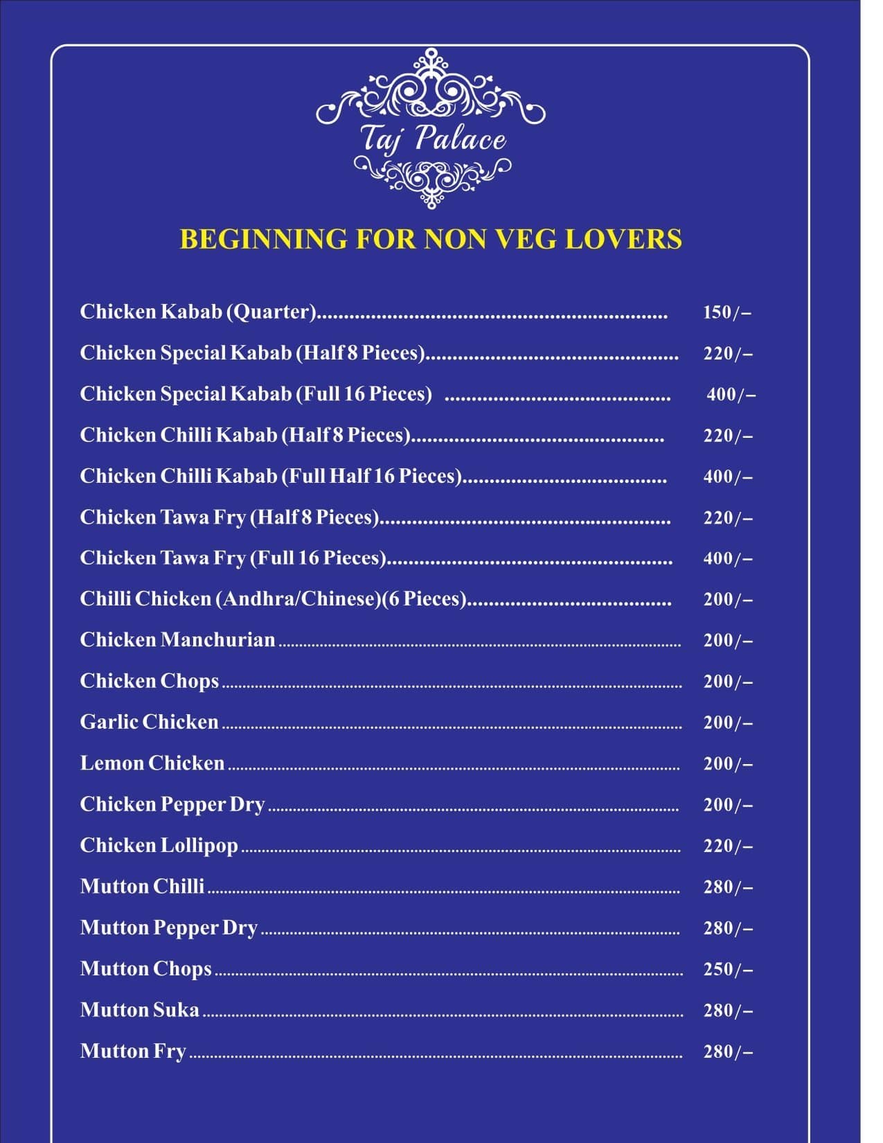 Menu of Taj Palace 2 Spicy, Rammurthy Nagar, Bangalore