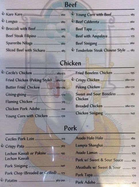 Menu at Cecile's Restaurant, Las Pinas, 302 Alabang Zapote Road