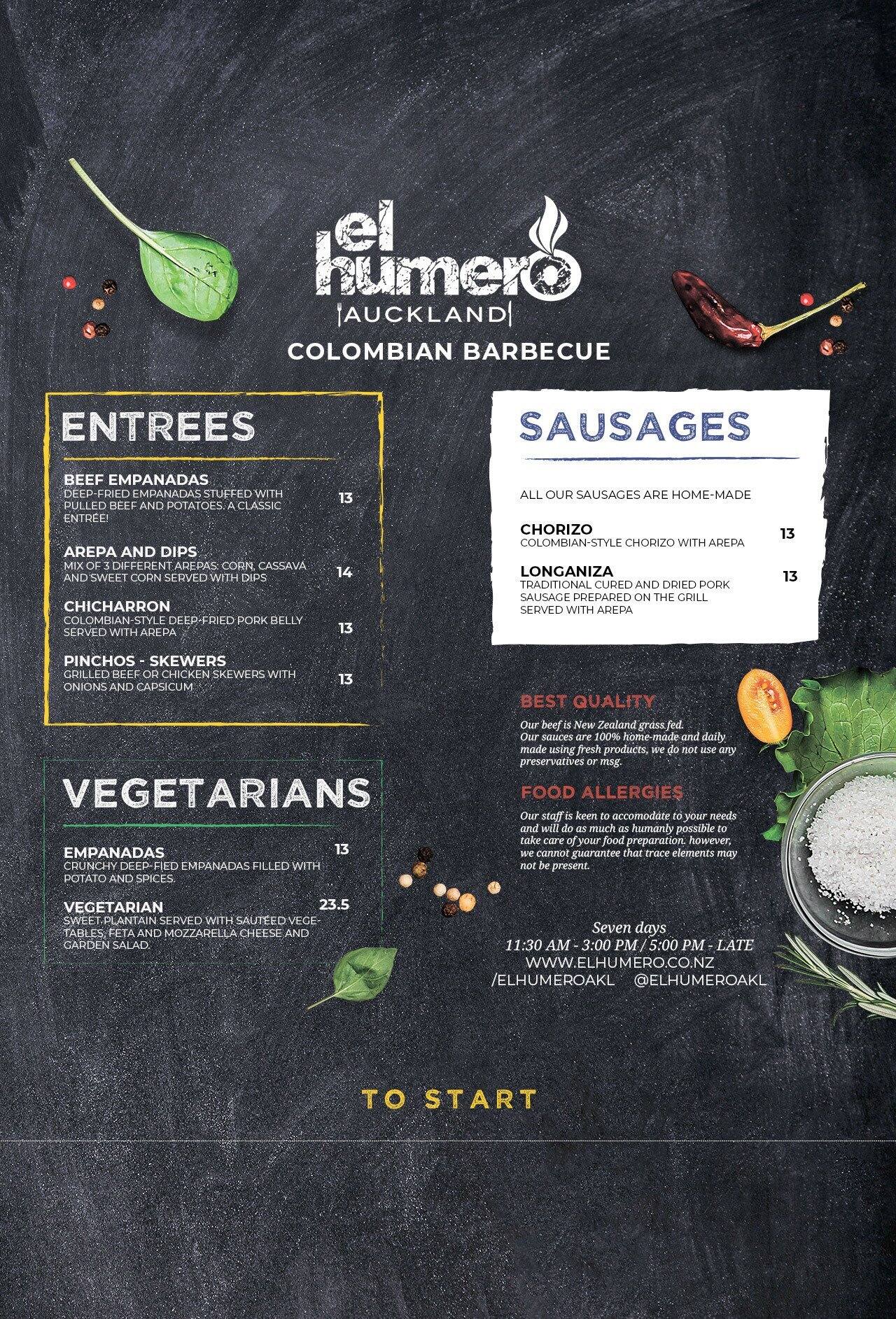 Menu at El Humero BBQ, Auckland