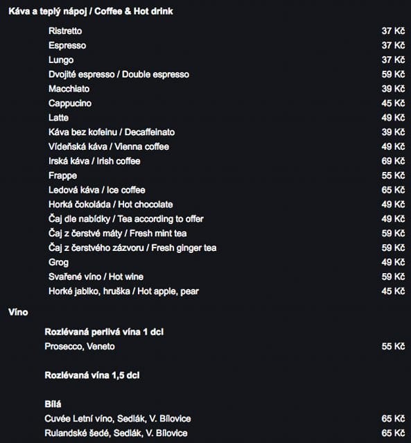 Menu at Battistova Cihelna 1893 restaurant, Prague