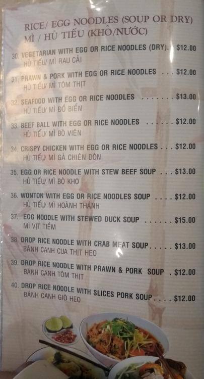 Menu at Dong Ba restaurant, Footscray