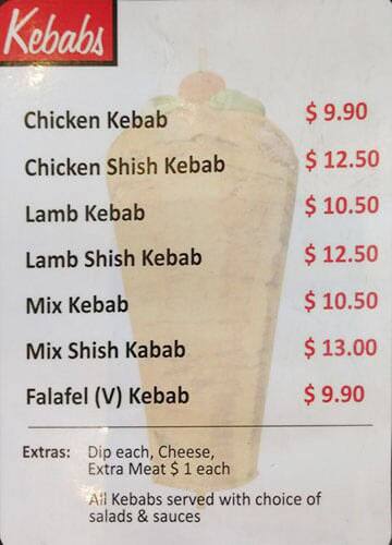 Menu at Kebab Hut restaurant, Saint Kilda
