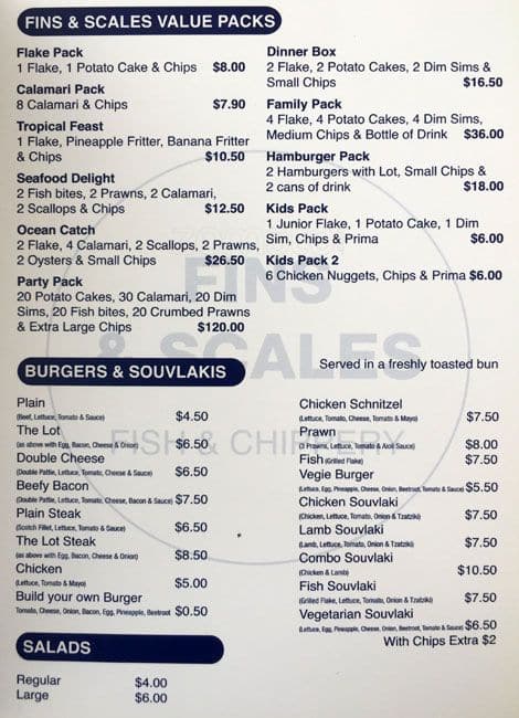 Menu at Fins & Scales fast food, Mount Eliza