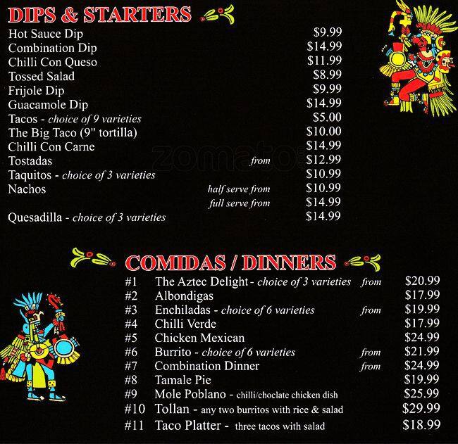 Menu at The Aztec restaurant, Coolangatta, Shop 1 152 Griffith St