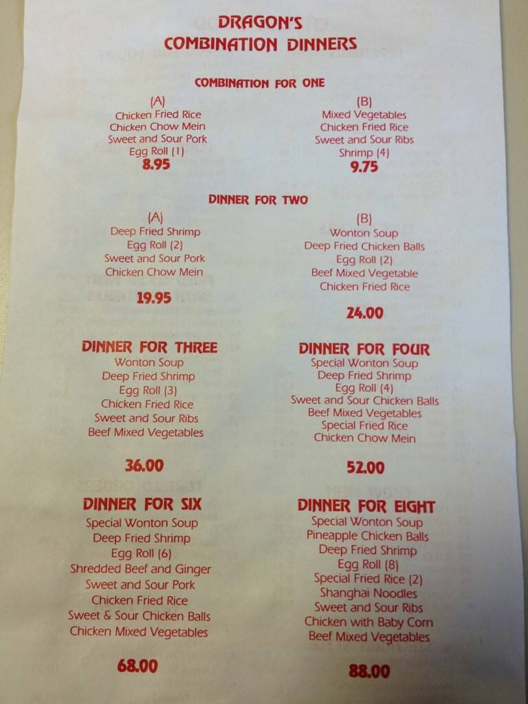 Menu at Dragon's Diner, Saskatoon