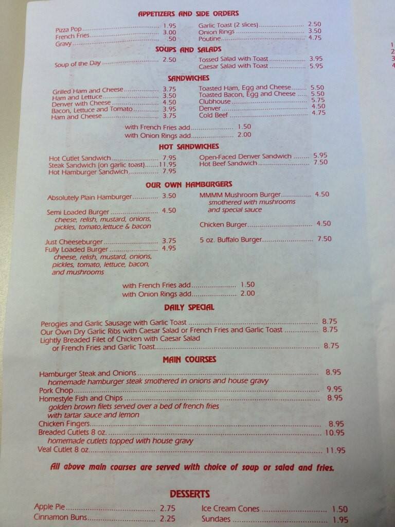 Menu at Dragon's Diner, Saskatoon