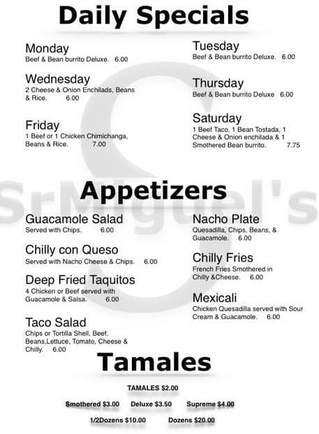 Menu at Senor Miguels restaurant, Aurora, 894 S Buckley Rd