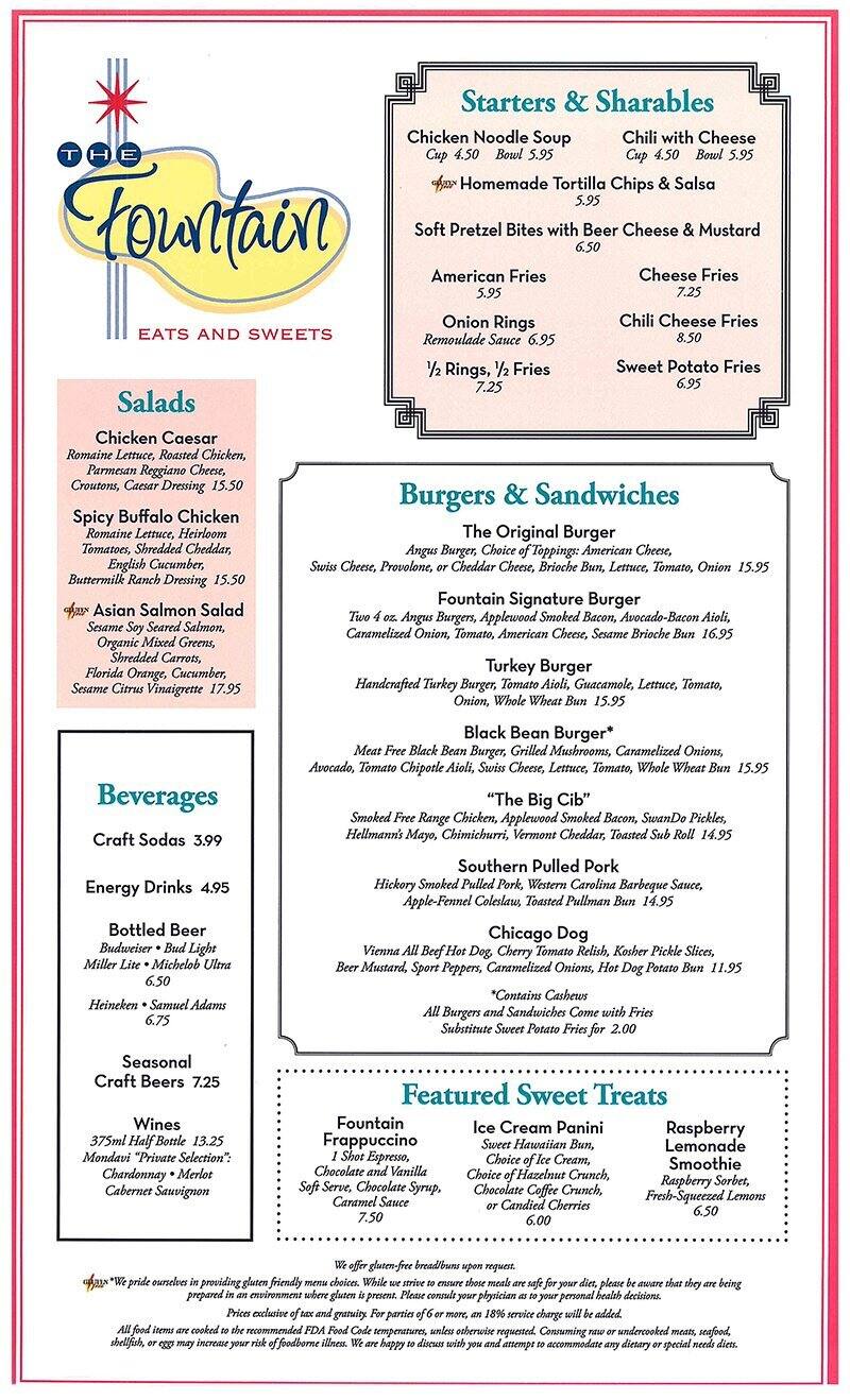 Menu at The Fountain Eats and Sweets pub & bar, Lake Buena Vista